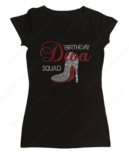 Womens T-shirt with Birthday Diva Squad with Heel in Rhinestones ...