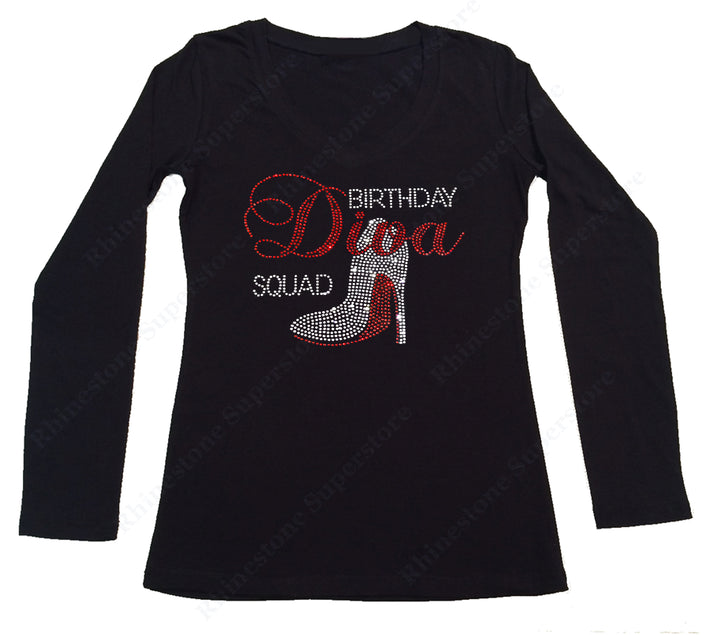 Womens T-shirt with Birthday Diva Squad with Heel in Rhinestones ...